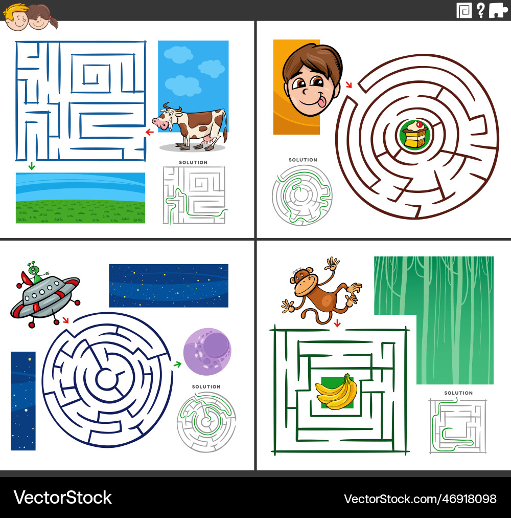 Maze games set with funny cartoon characters Vector Image