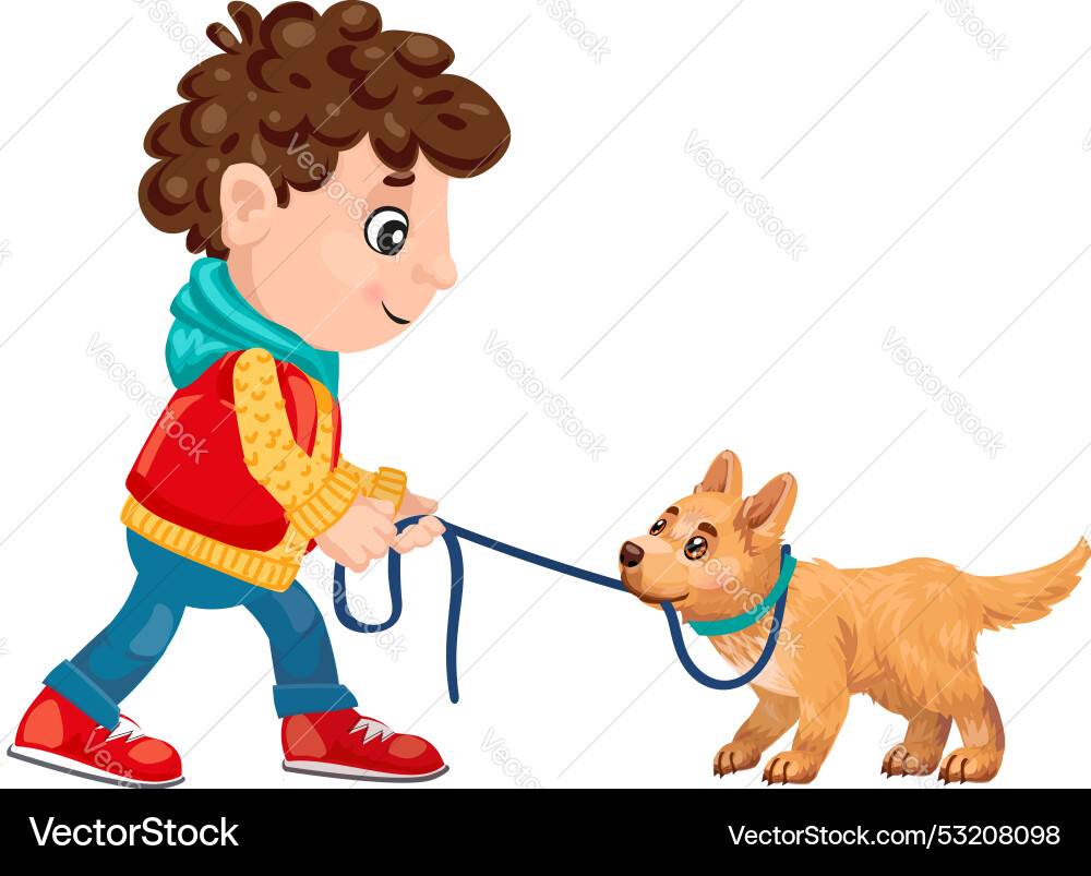 Young boy pulling dog leash resisting going Vector Image