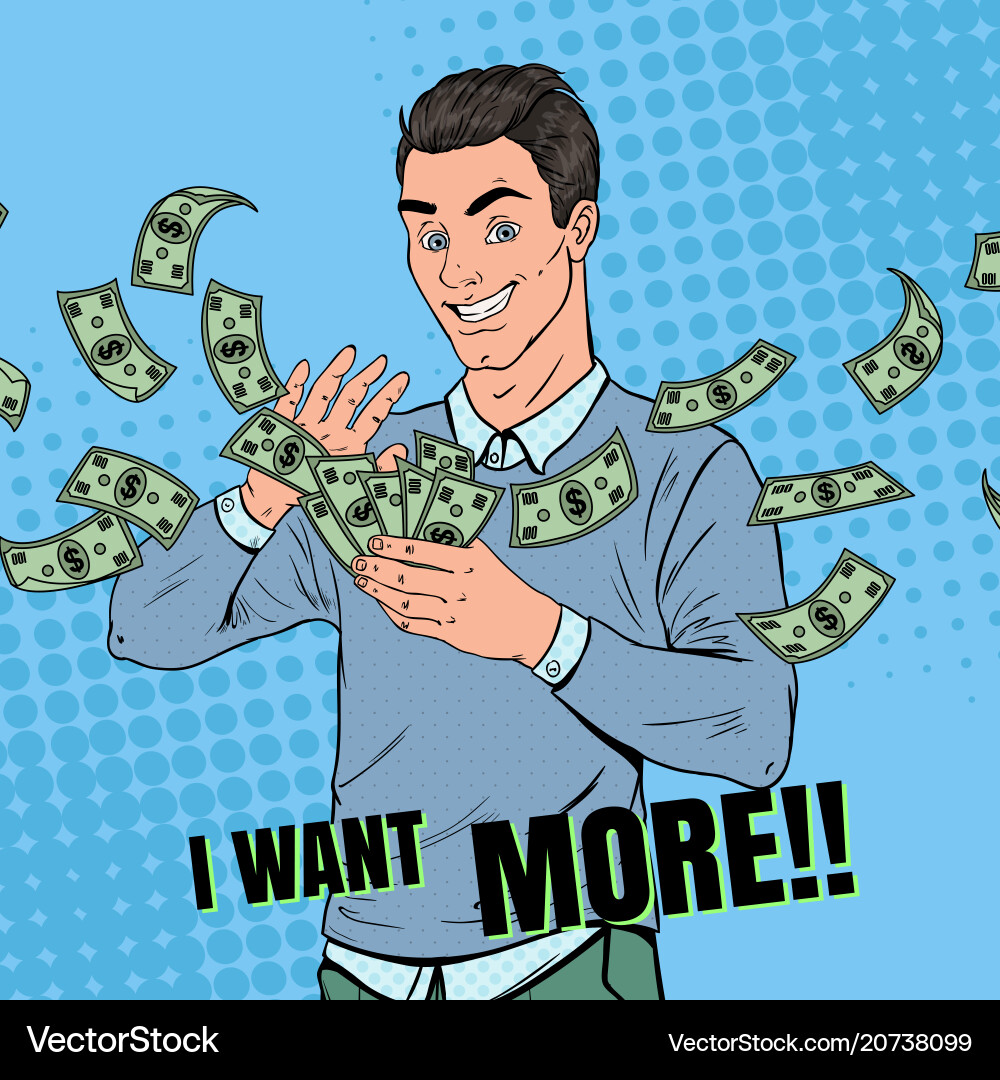 Pop art rich man throwing dollar banknotes Vector Image