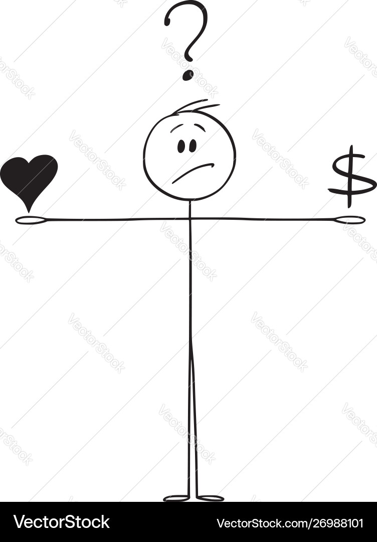 Cartoon man considering or balancing love Vector Image