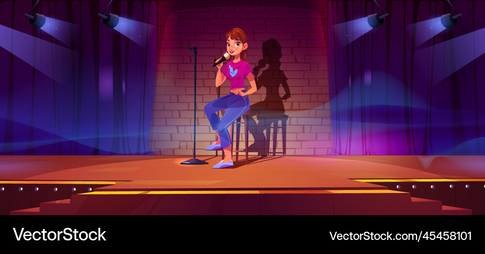 Female stand-up comedian performing on stage Vector Image