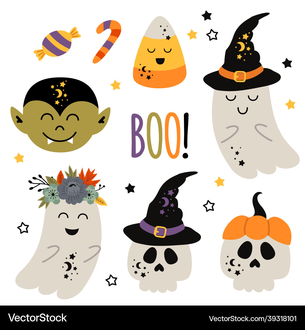 Set of isolated halloween characters ghost skull Vector Image