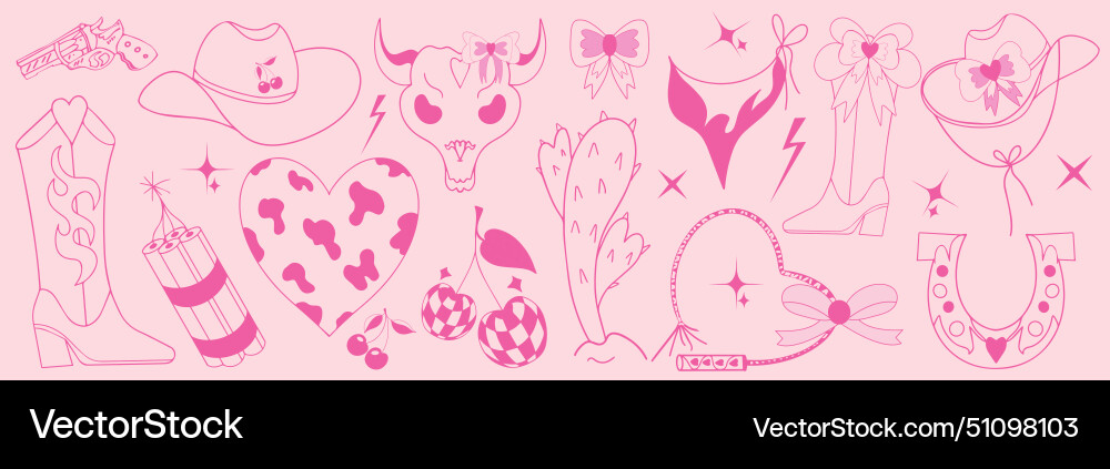 Hand drawn pink girl cowboy set collection Vector Image