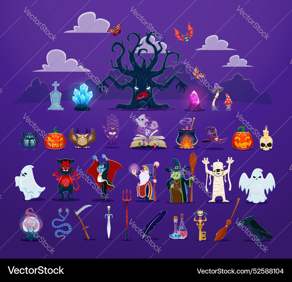 Cartoon halloween characters and items set Vector Image