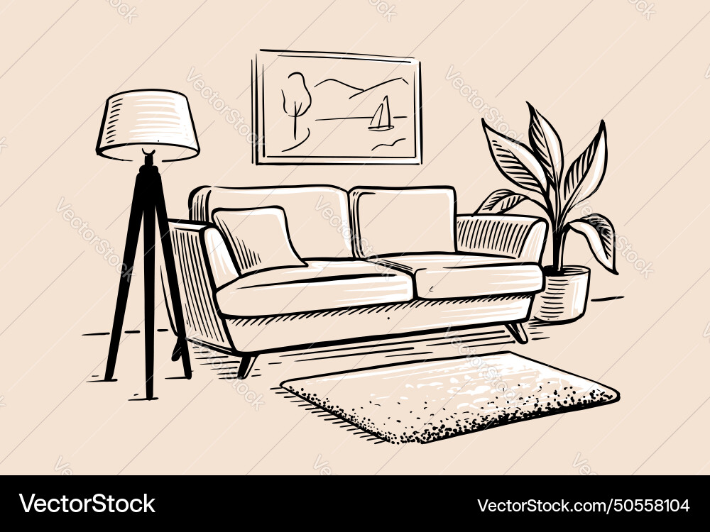 Sofa drawings sketch style room interior Vector Image