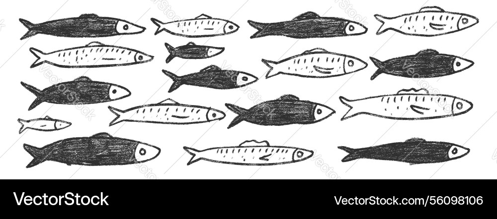 Fishes doodle set sardines hand drawn scribble Vector Image