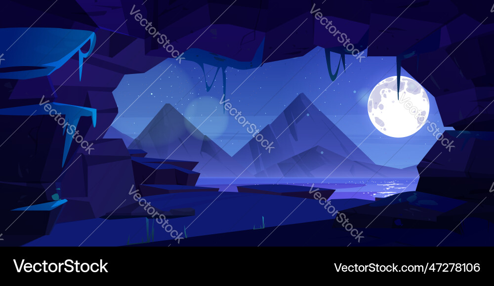 Mountain cave exit with night lake view Royalty Free Vector