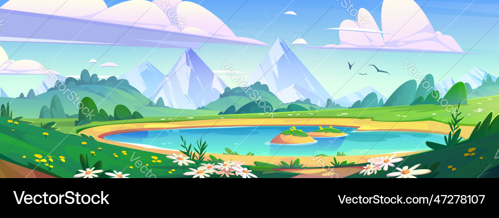 Spring mountain landscape with lake and flowers Vector Image