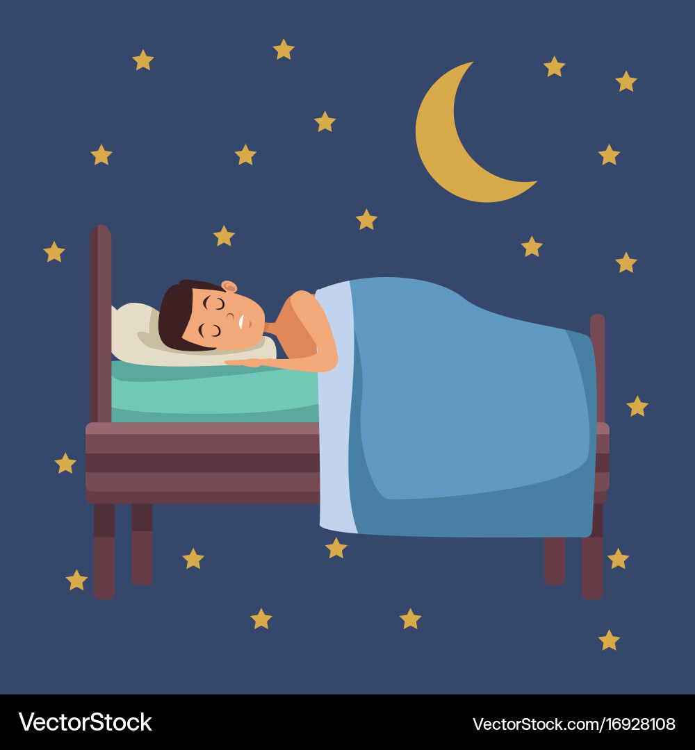 Colorful scene night with guy sleep in bed Vector Image