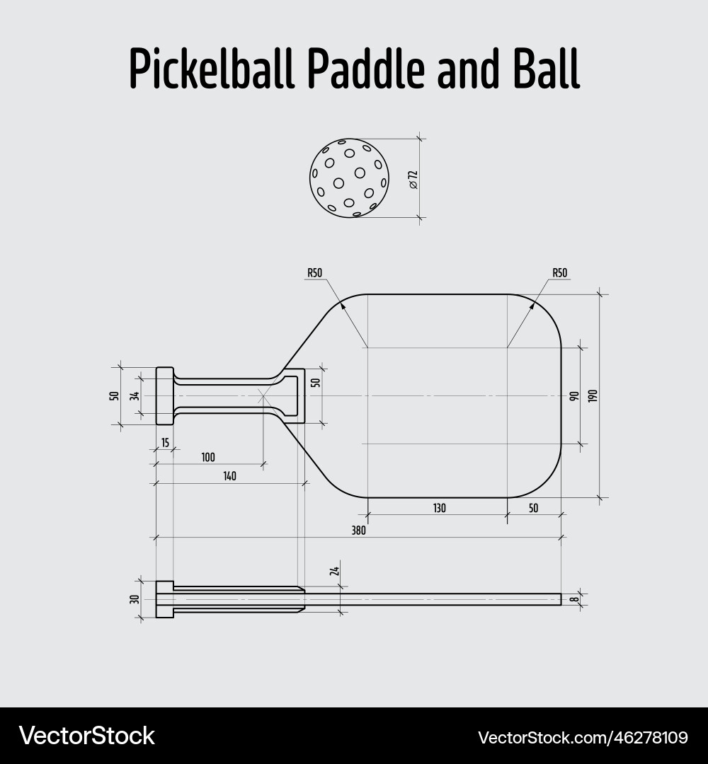 Pickleball paddle and ball dimensions Royalty Free Vector