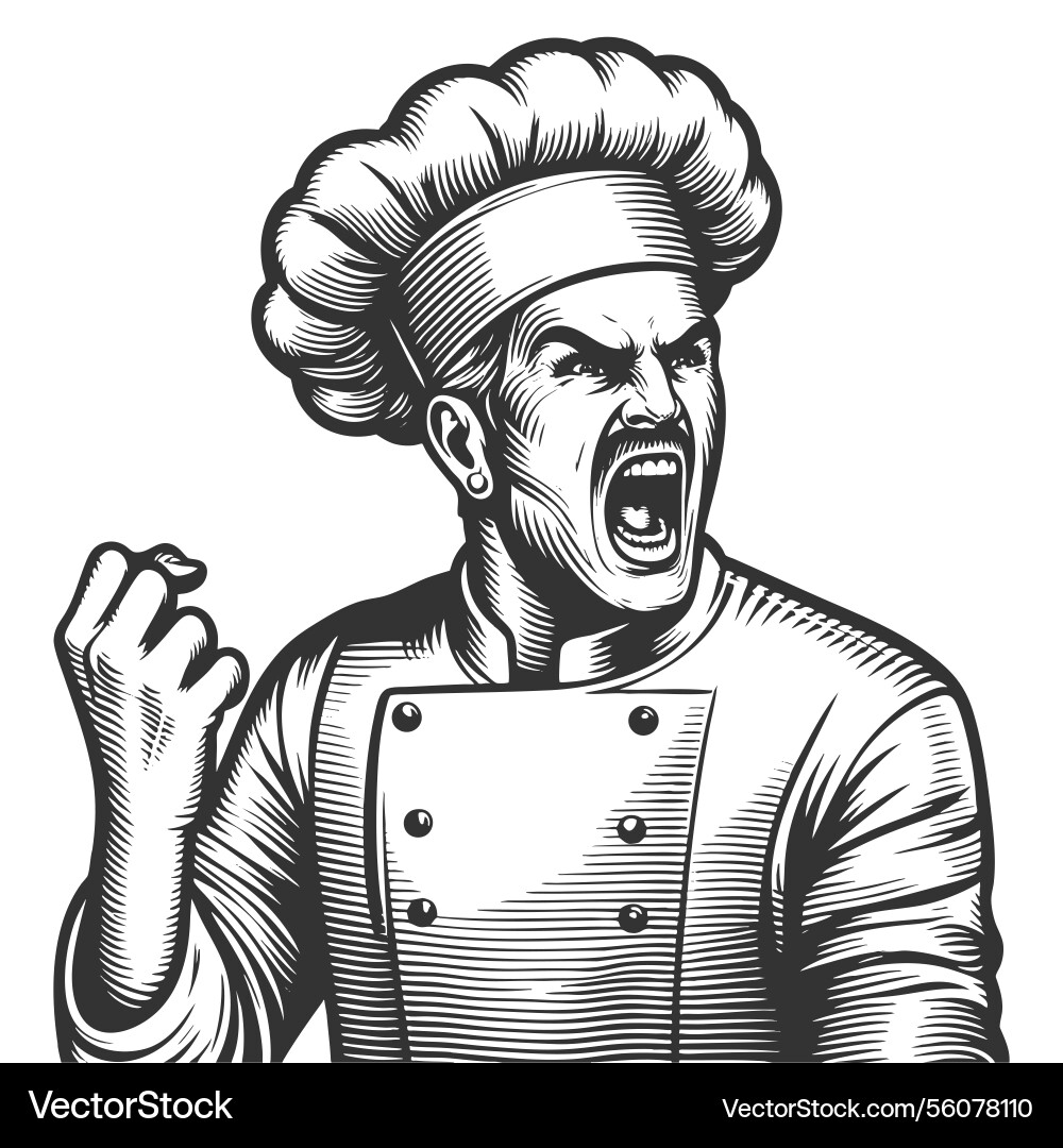 Angry chef yelling in kitchen with ingredients Vector Image