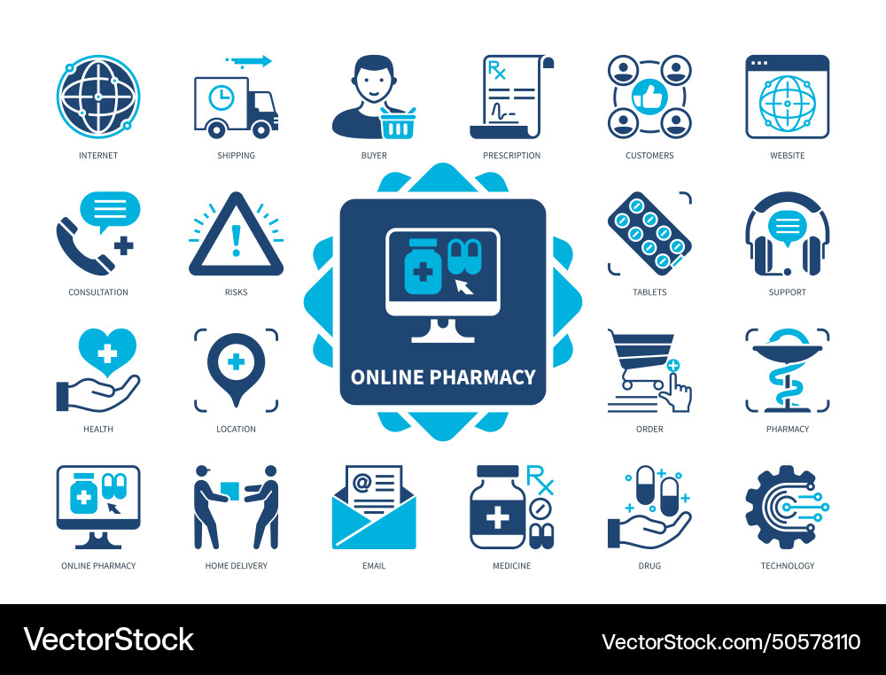 Online pharmacy solid icon set Royalty Free Vector Image