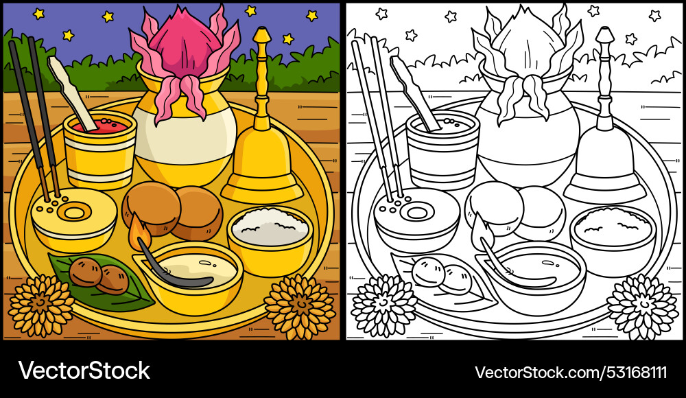 Diwali puja thali coloring page Royalty Free Vector Image