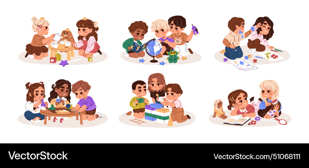 Happy children play different games together set Vector Image