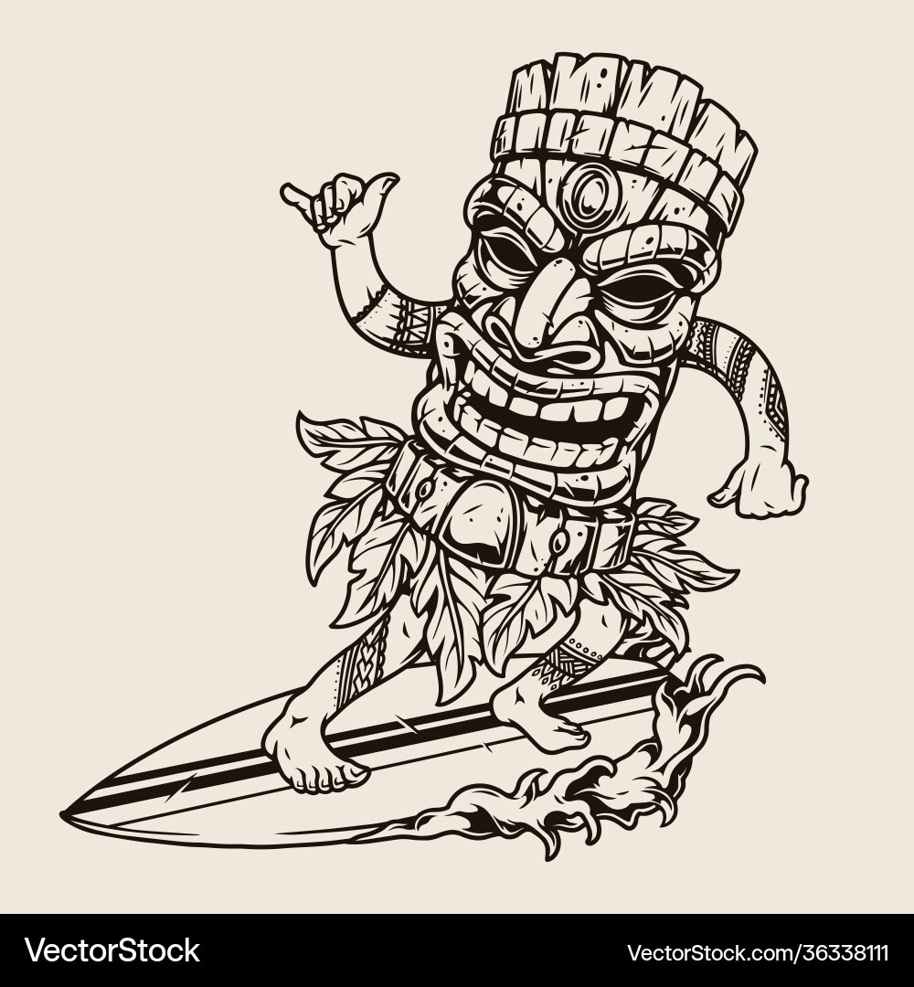 Man in hawaiian tiki mask surfing wave Royalty Free Vector