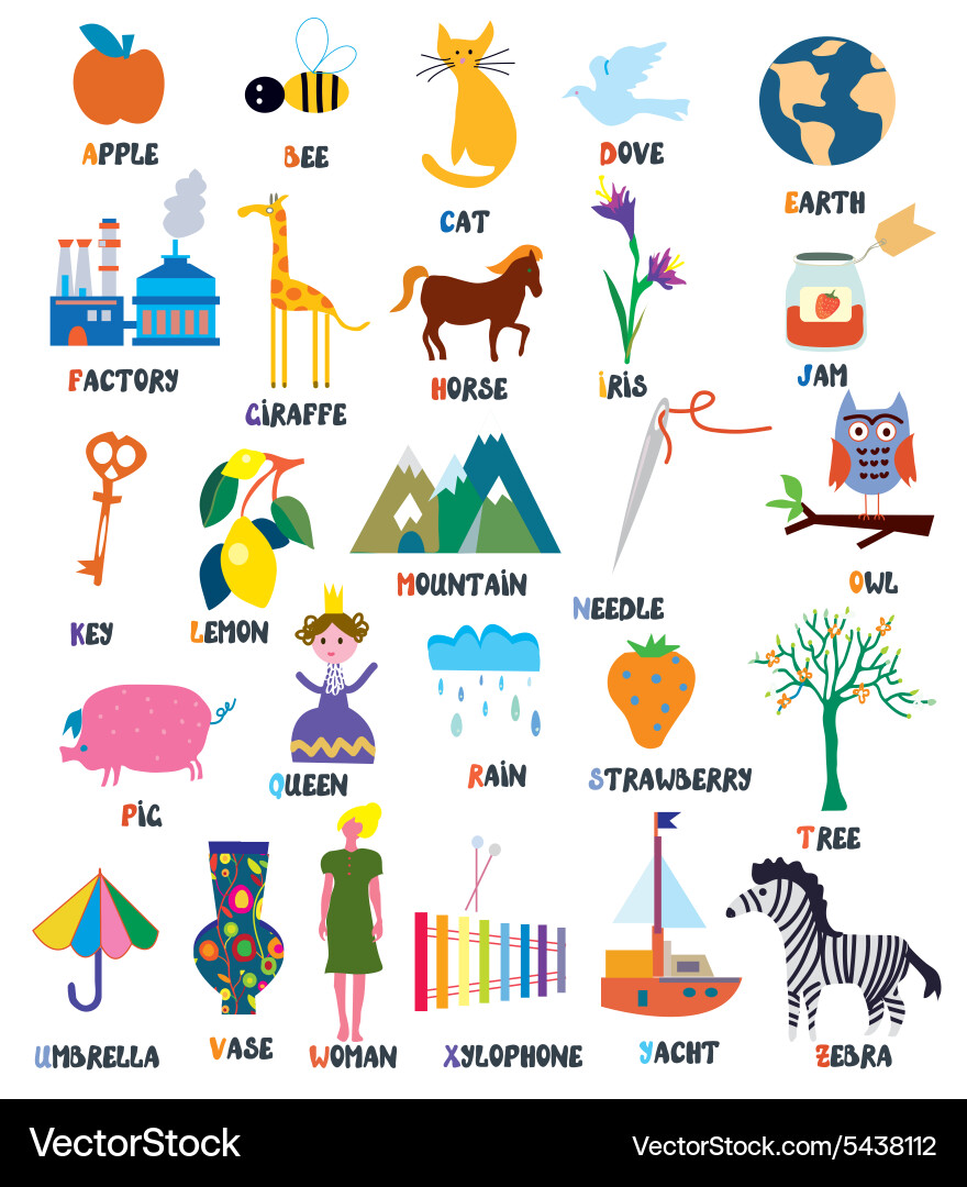 Abc for kids with animals objects toys Royalty Free Vector