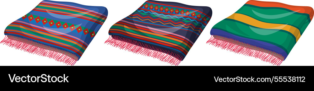 Three vibrant patterned blankets with fringes Vector Image
