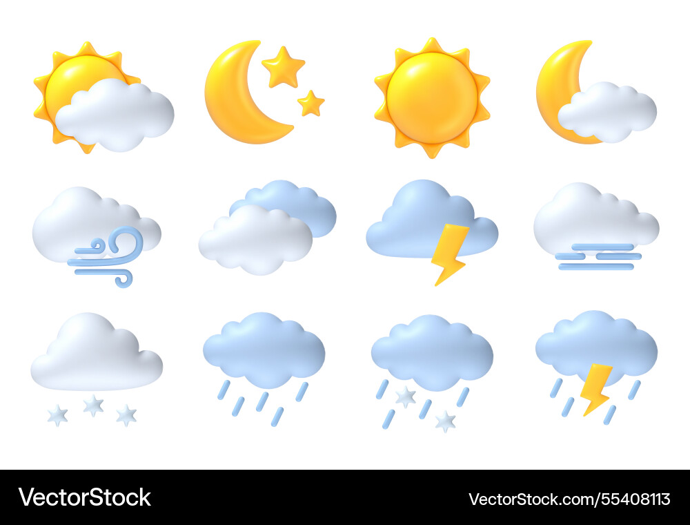 3d weather icons sun moon and cloud rain Vector Image