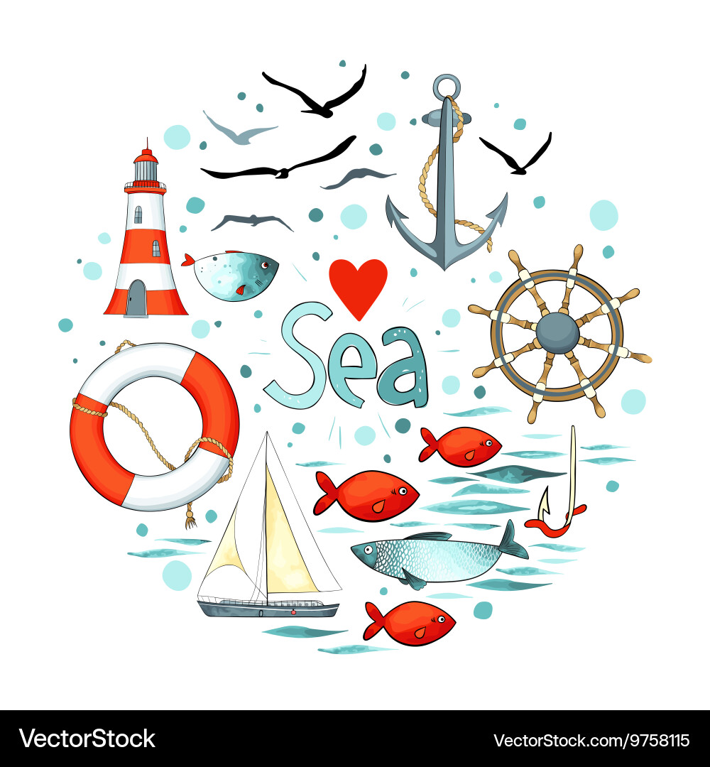 Collection of nautical elements in a circle shape Vector Image
