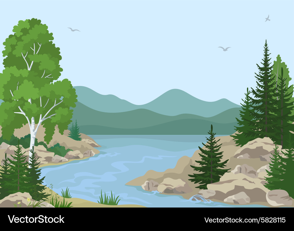 Landscape with trees and mountain river Royalty Free Vector