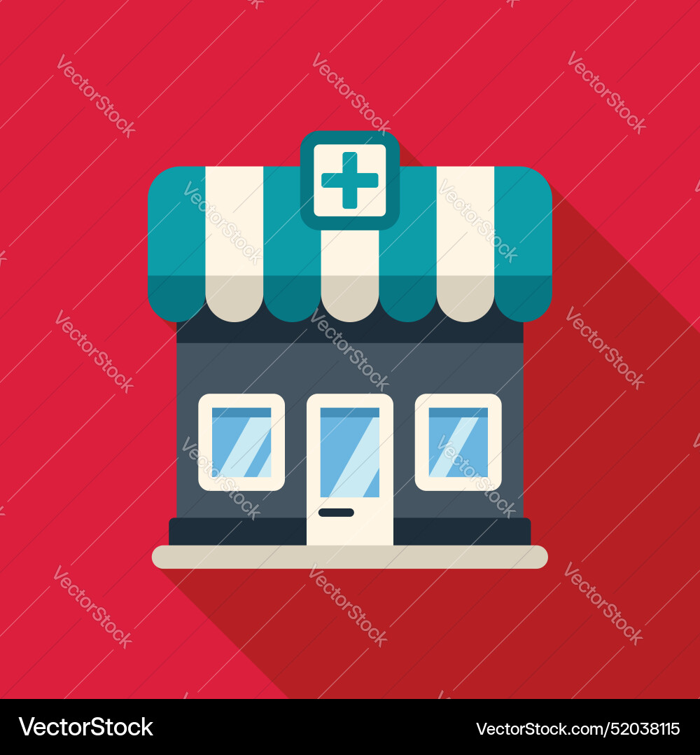 Pharmacy store building facade with striped awning