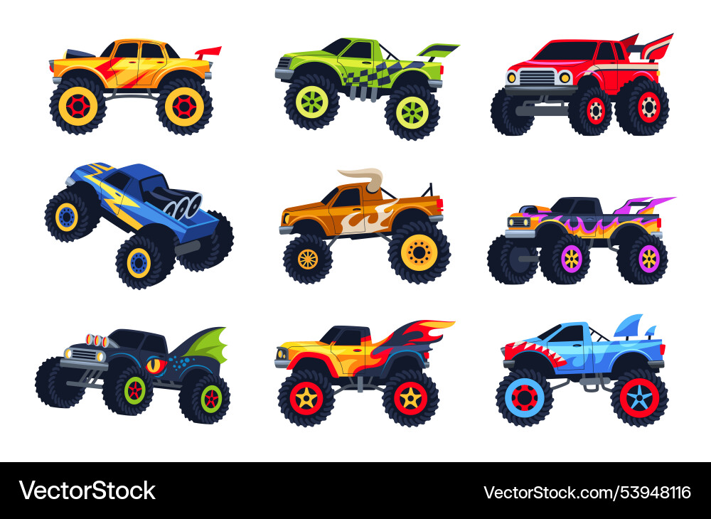 Colorful monster trucks aggressive painted heavy Vector Image
