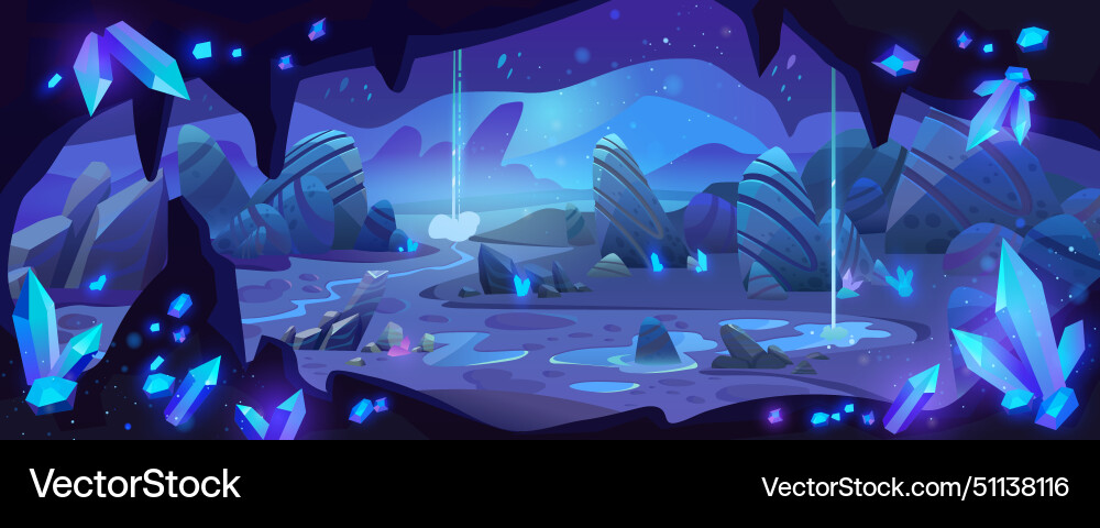 Dark cave with blue crystals Royalty Free Vector Image