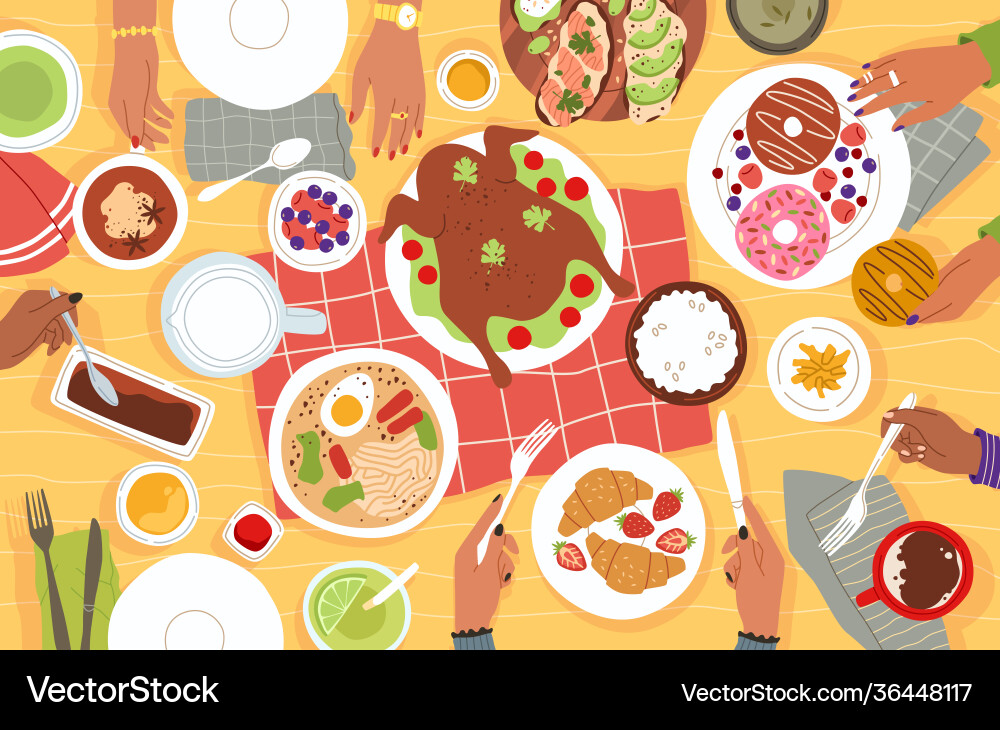 Lunch top view cartoon people having dinner Vector Image