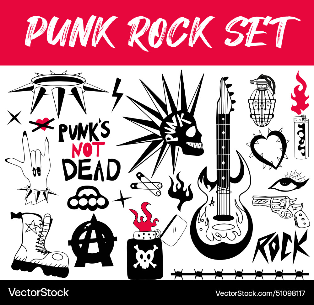 Punk rock set punks and anarchy symbols Royalty Free Vector
