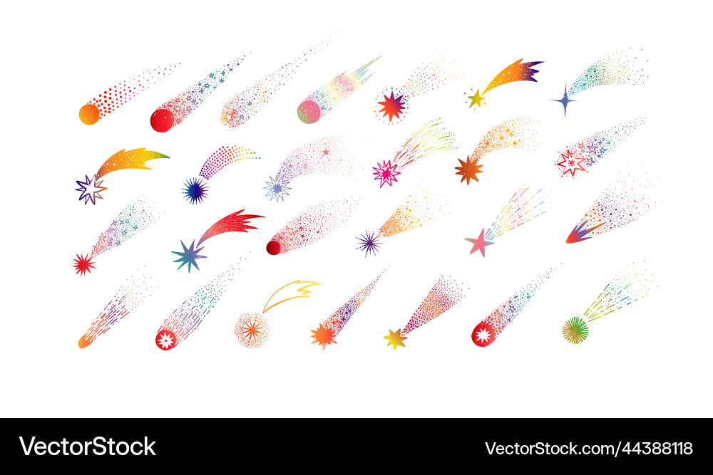 Collection of rainbow doodle comets meteorites Vector Image