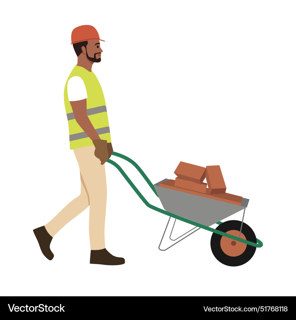 Construction worker with wheelbarrow man carrying Vector Image
