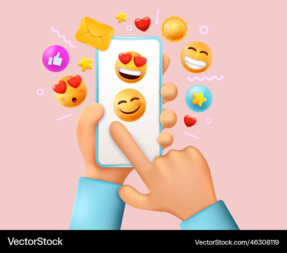 3d hand hold smartphone device screen with emoji Vector Image