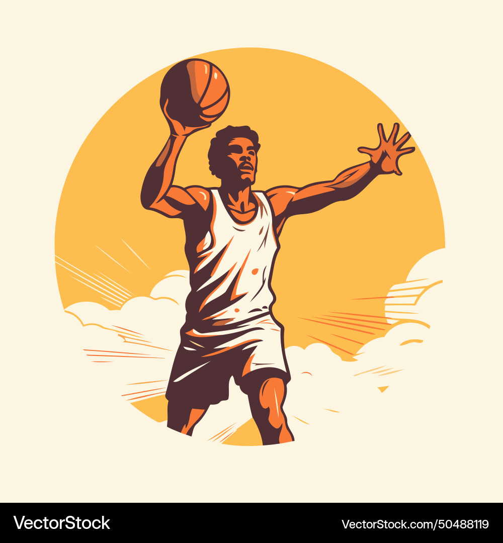 Basketball player with ball on sunset background Vector Image