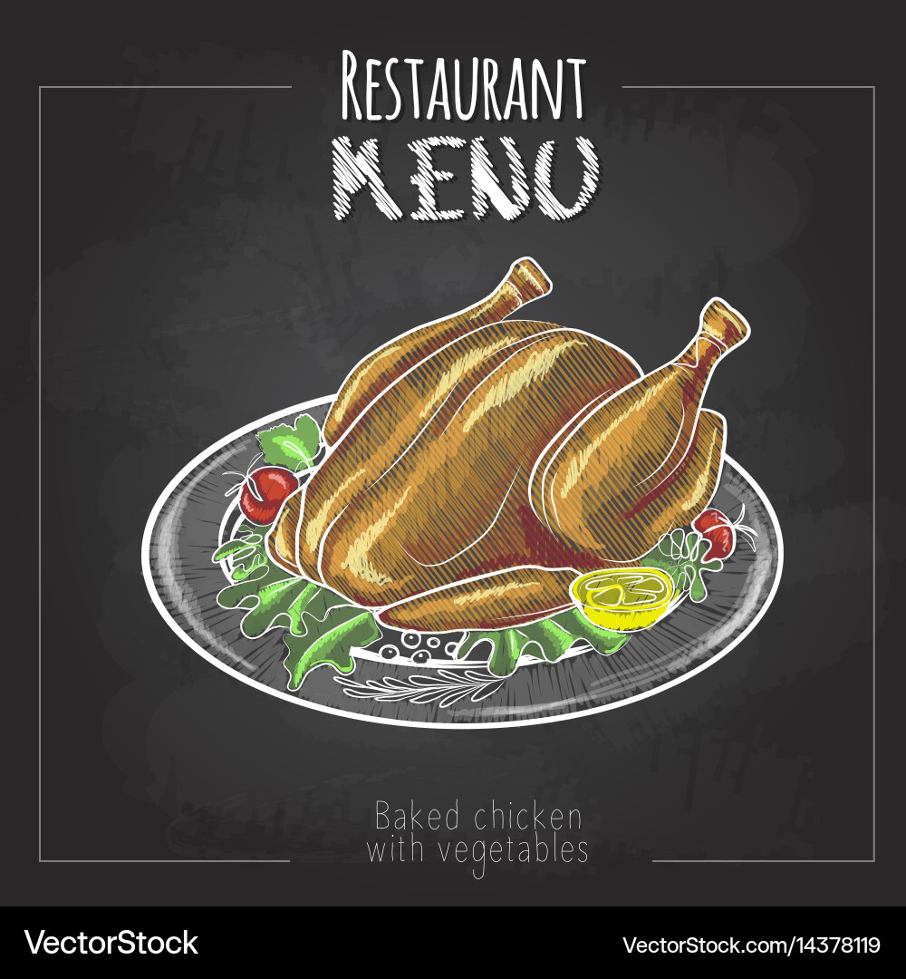 Chalk drawing menu design baked chicken Royalty Free Vector