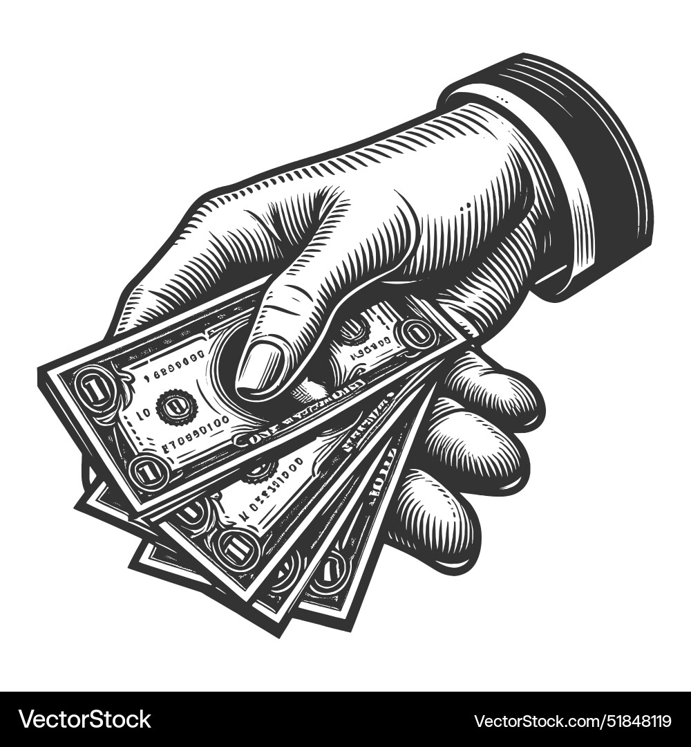 Hand holding dollar bills engraving Royalty Free Vector