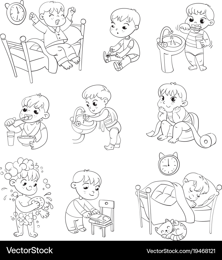 Cartoon Kid Daily Routine Aktivitäten Set Vektorbild