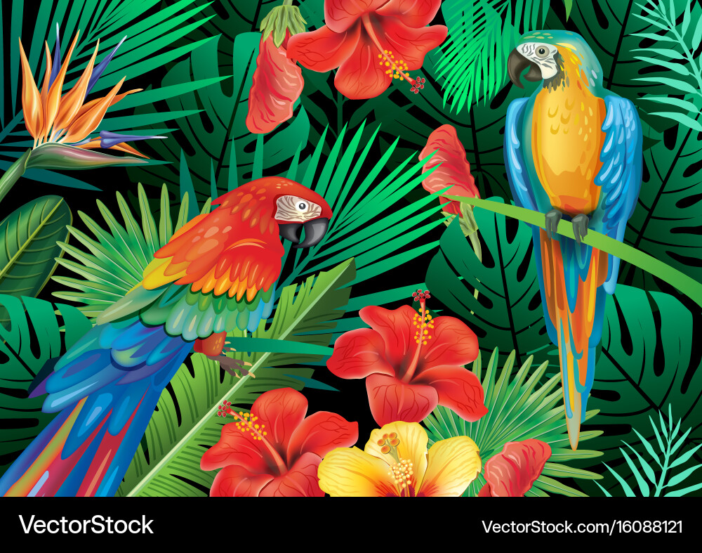 Parrots with tropical plants Royalty Free Vector Image