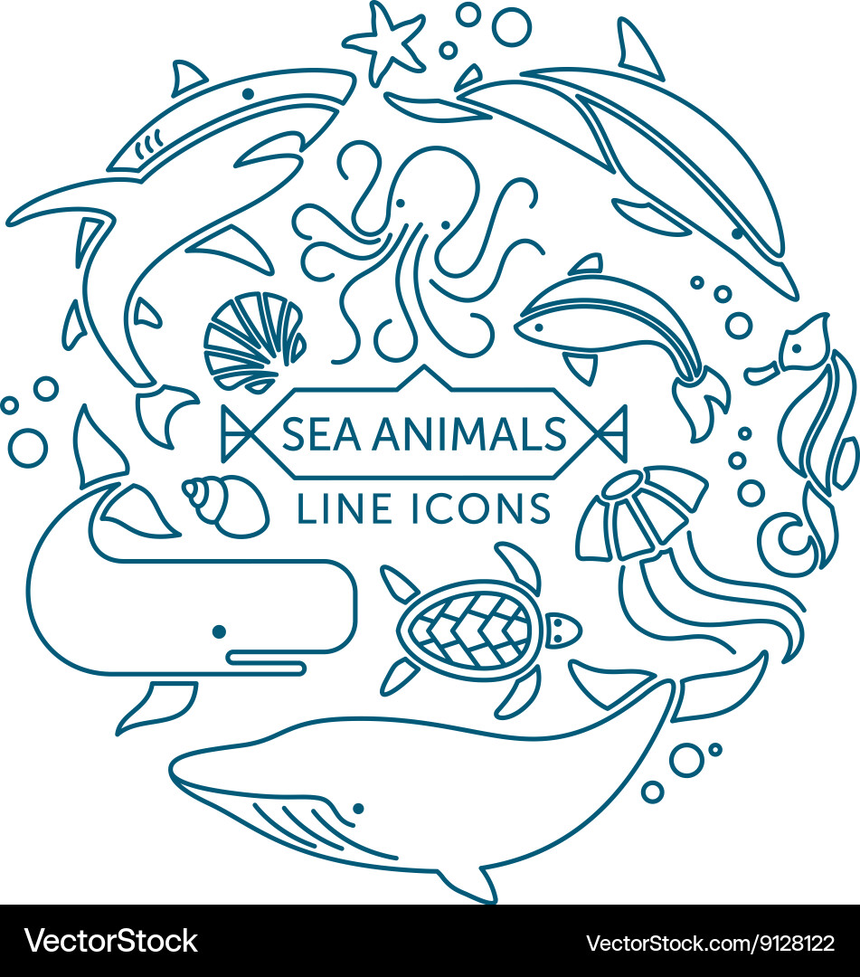 Sea animals line icons Royalty Free Vector Image