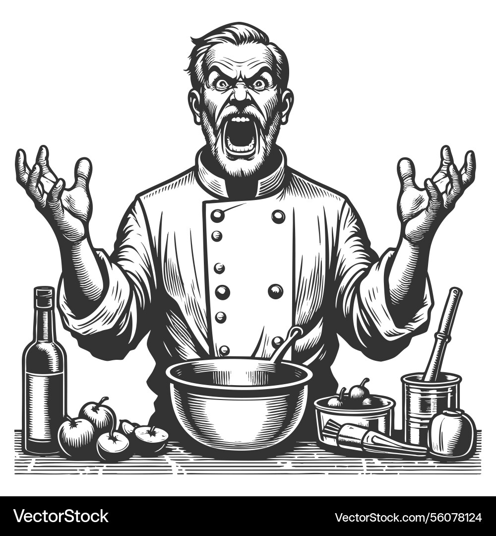 Angry chef yelling in kitchen with ingredients Vector Image