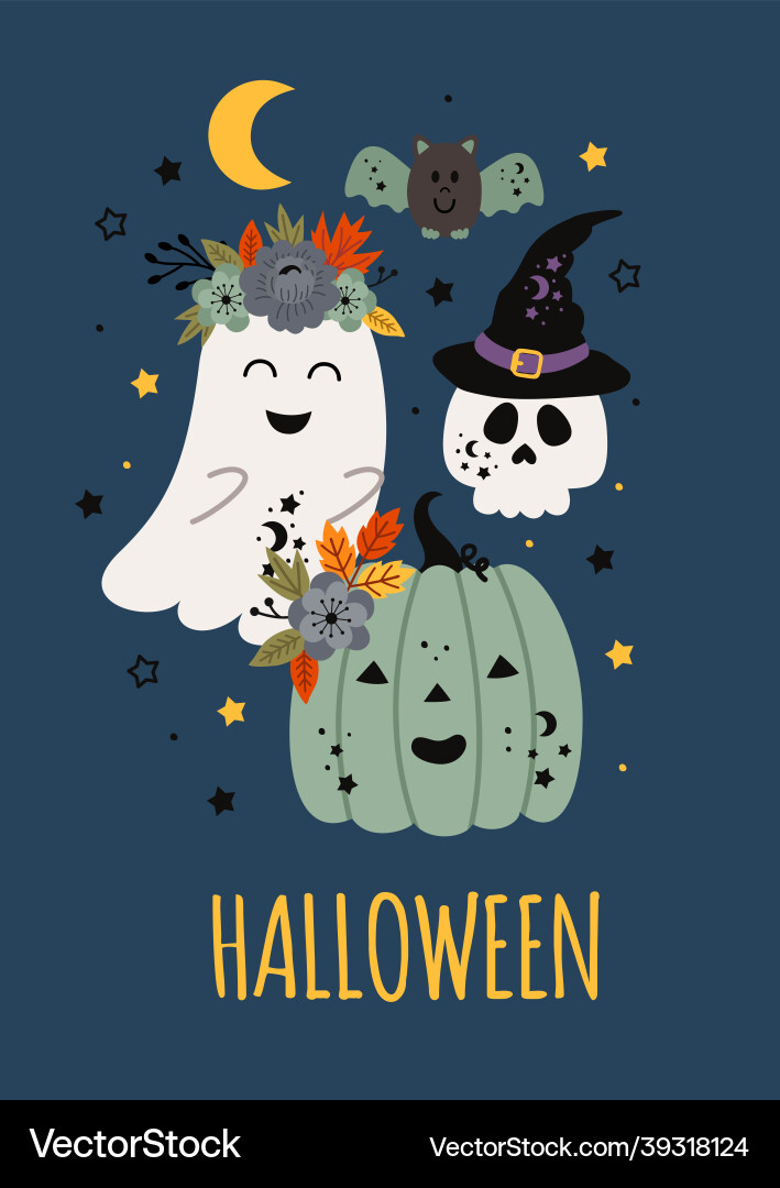 Cute halloween poster with pumpkin ghost scull Vector Image