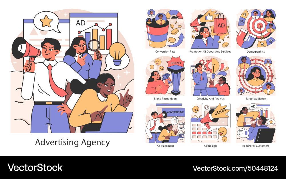 Dynamic advertising agency concept flat Royalty Free Vector