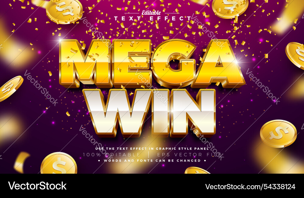 Mega win casino 3d text effect design editable Vector Image