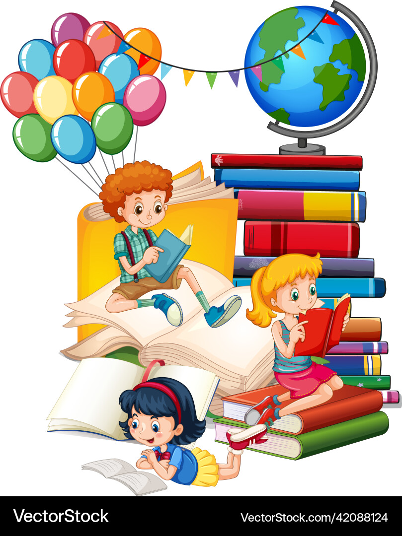 Three children are reading books on a stack Vector Image