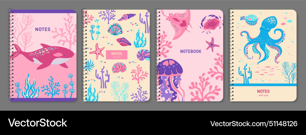 Ocean sea animals notebook notepad cover set Vector Image
