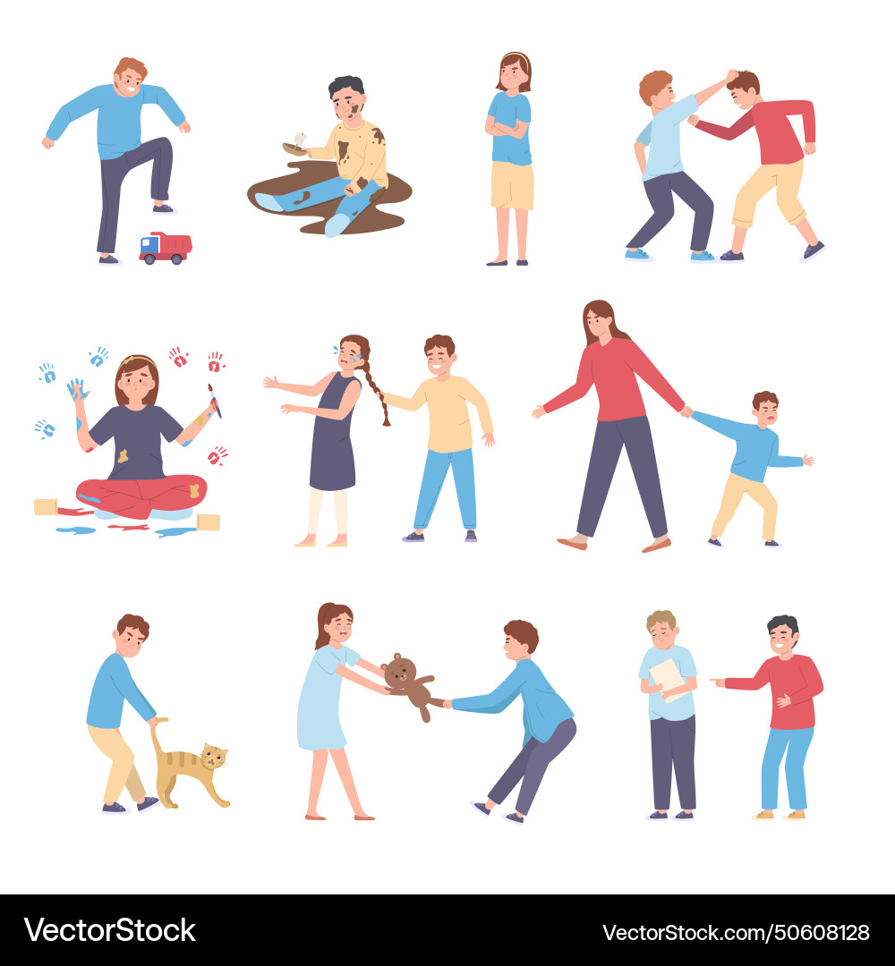 Bad behavior of children flat set Royalty Free Vector Image