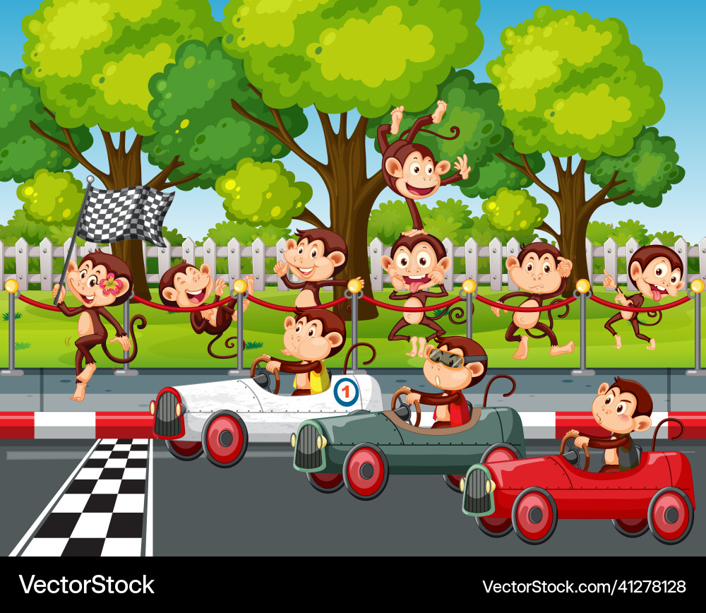 Race track scene with monkey racing drivers Vector Image