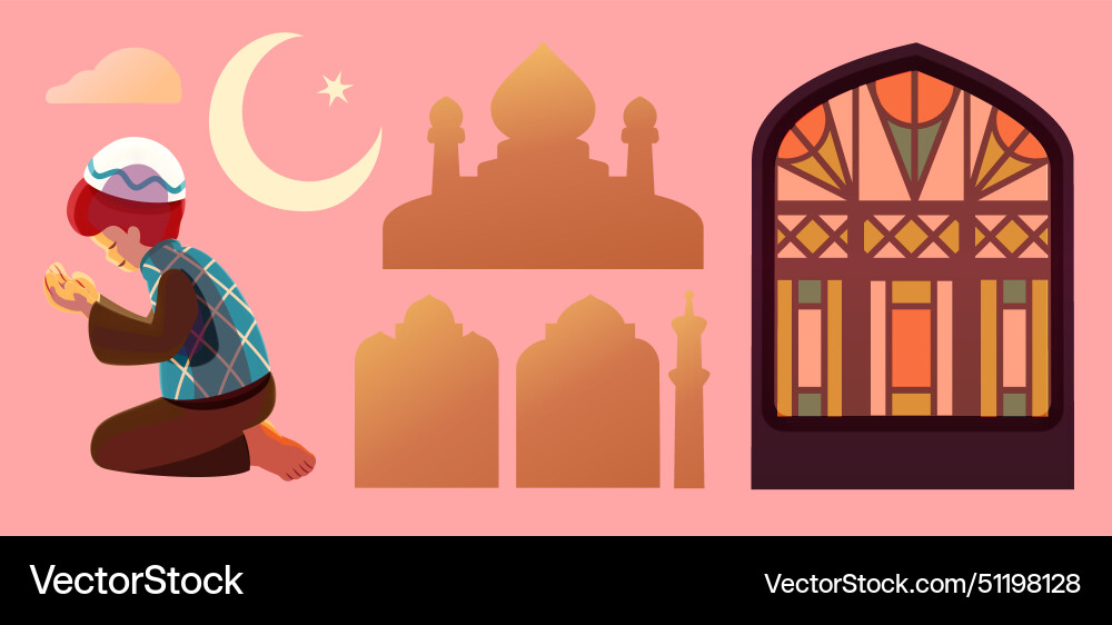Ramadan praying ritual elements set Royalty Free Vector