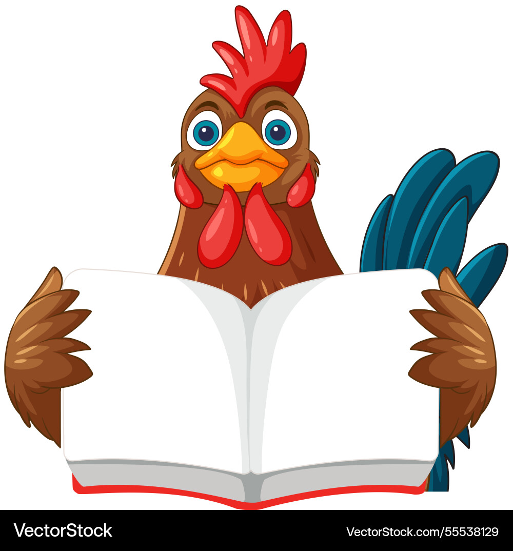A colorful chicken holding an open book Royalty Free Vector