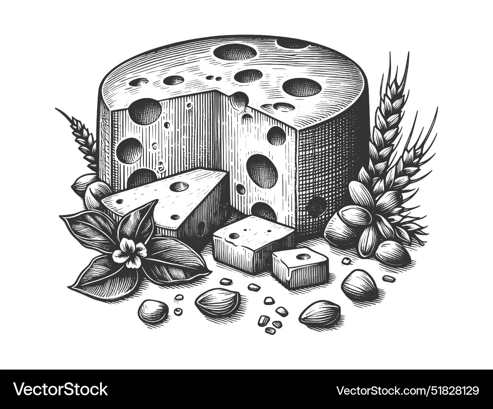 Cheese wheel with nuts and herbs engraving Vector Image