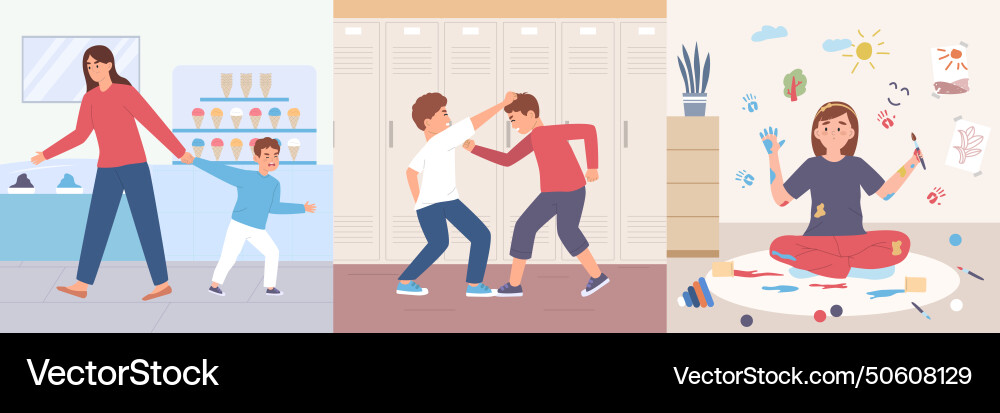 Kids bad behavior flat compositions Royalty Free Vector